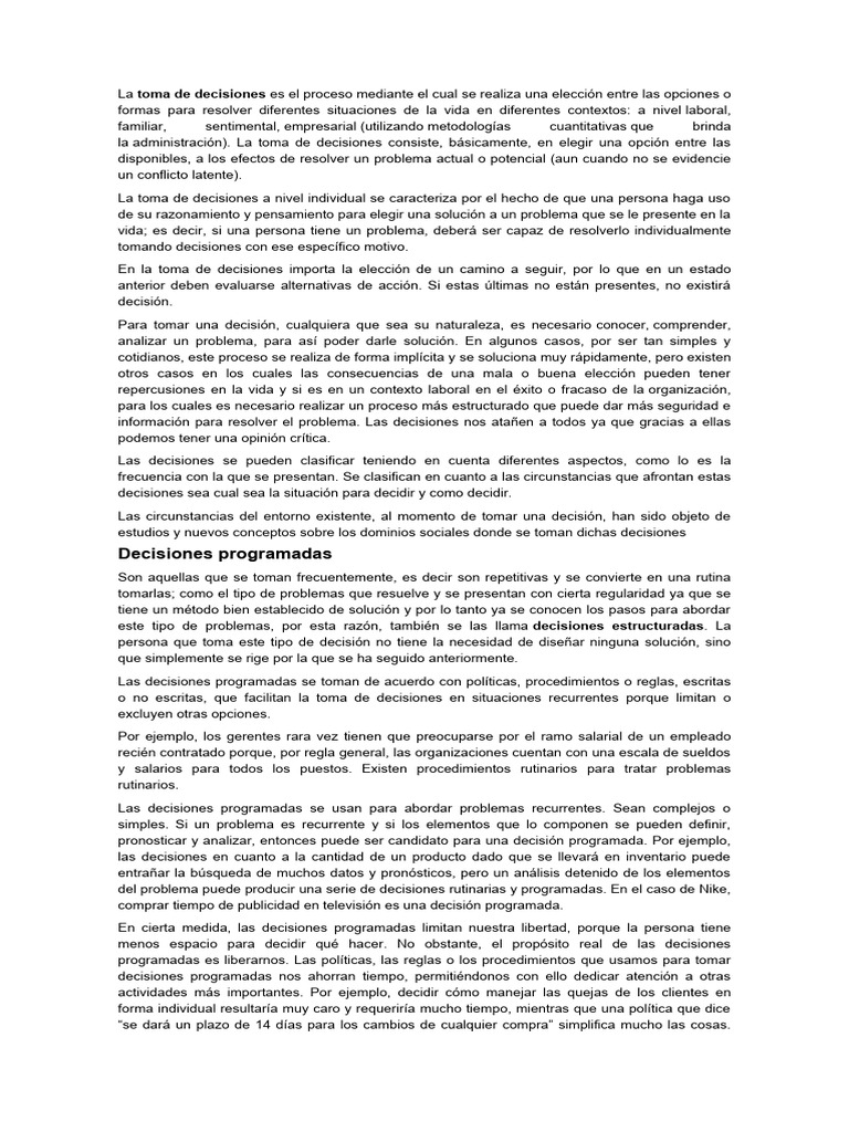 Toma de Disiciones-Desiones Estruc. y No Estructuradas | PDF | Toma de decisiones | Ciencia ...