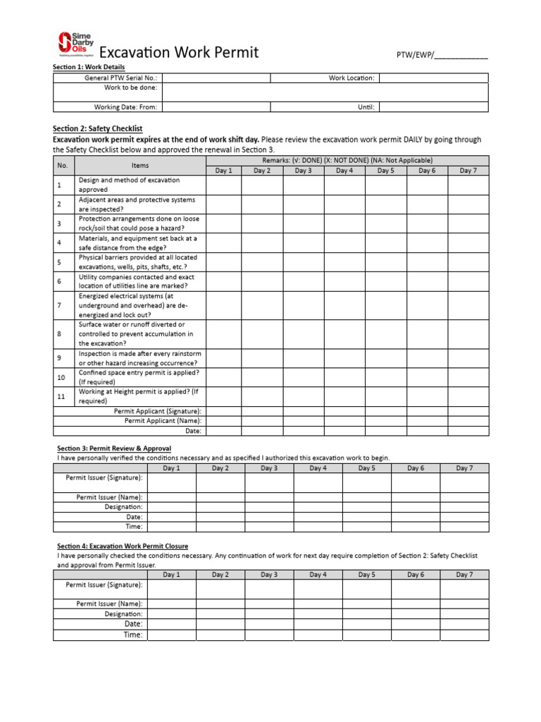 07 Excavation Work Permit | Download Free PDF | Occupational Safety And ...