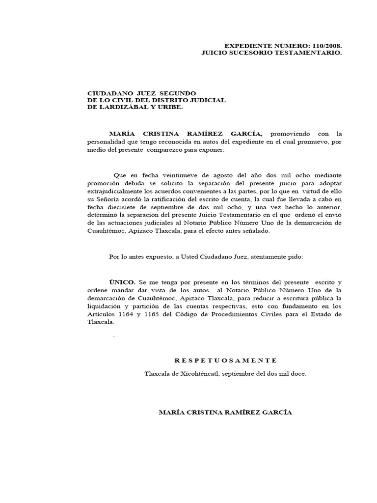 Escrito Promoción Maria Cristina Ramirez García Testamentario. | PDF