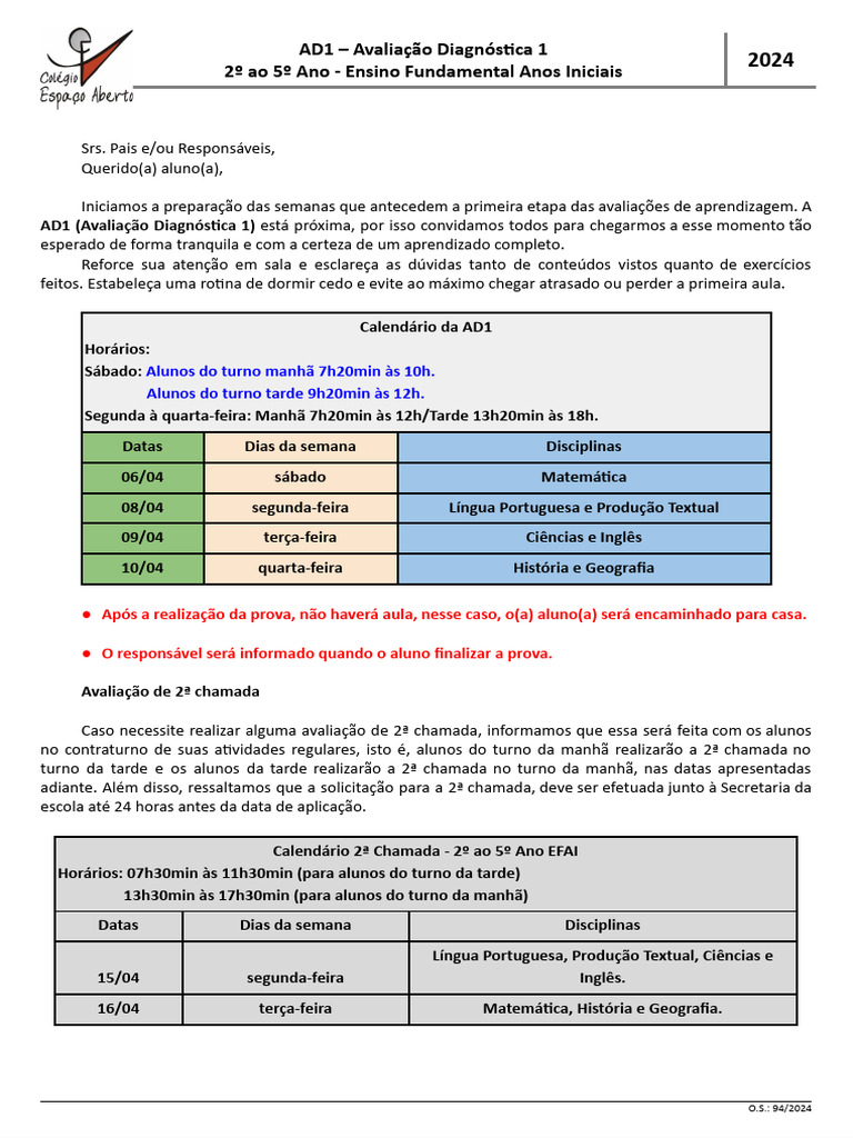 Comunicado - AD1 - 2Âº Ao 5Âº Ano EFAI 2024 | PDF
