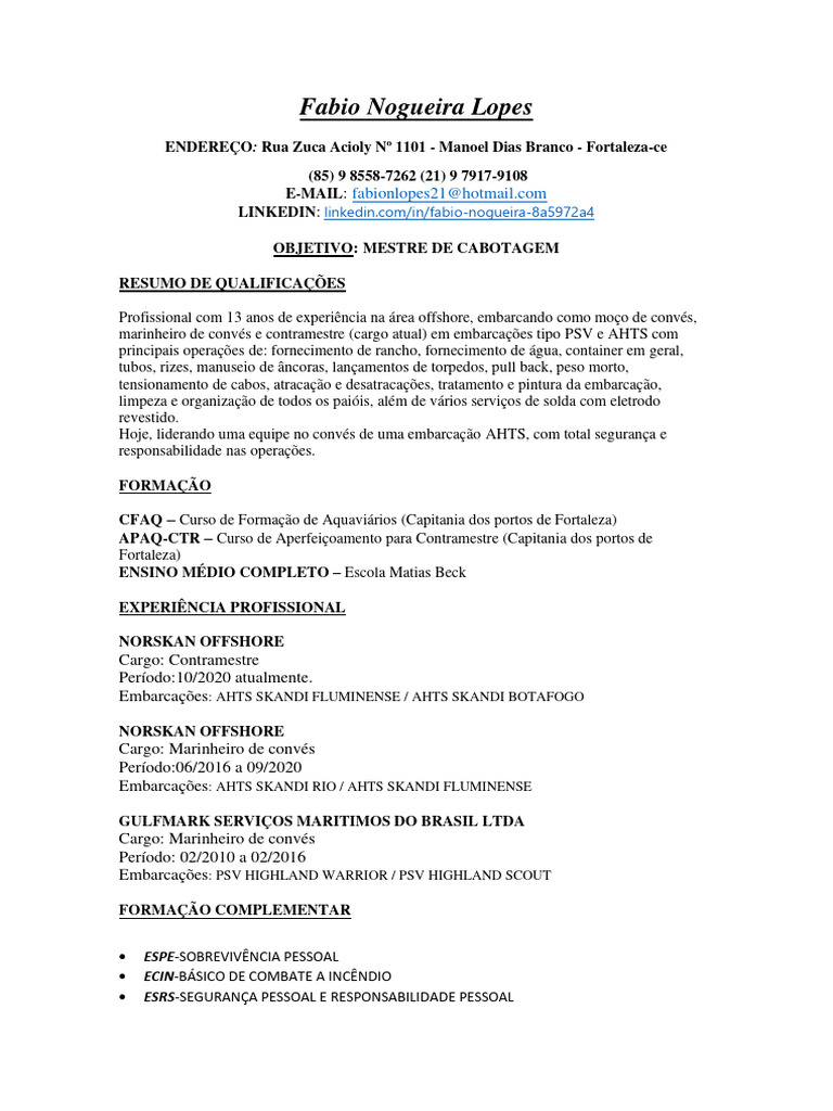Cv Fabio Mcb | Download grátis PDF | Marinheiro | Navios navais