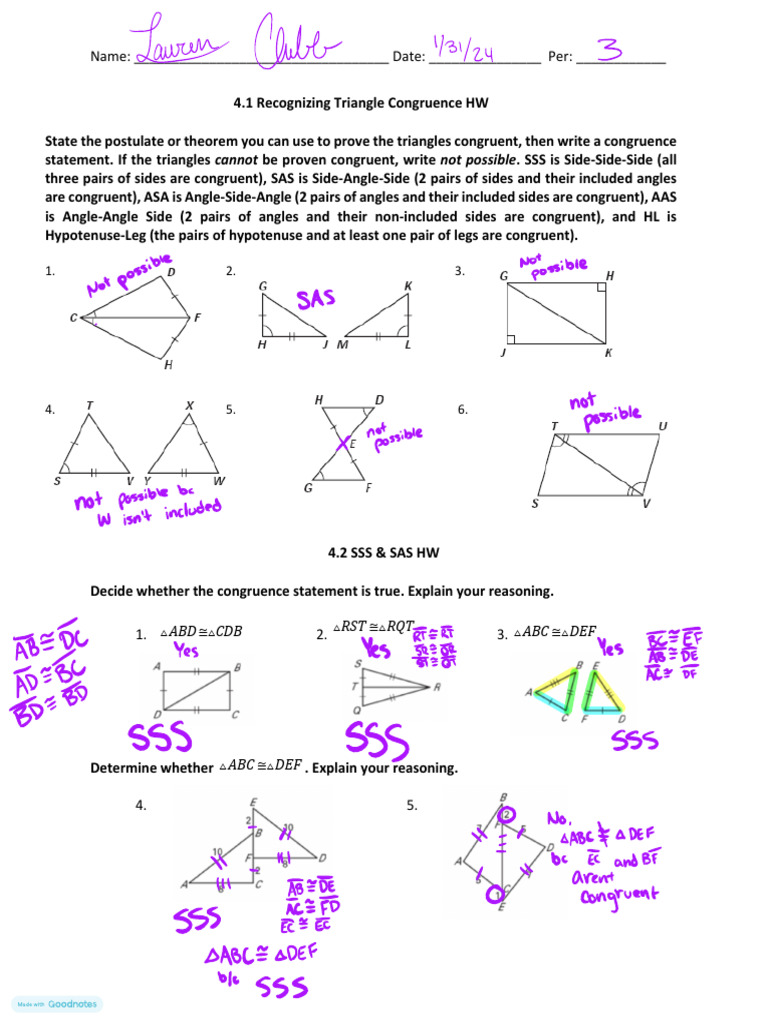 4.1 4.2+Congruent+Figures,+SSS+ +SAS+HW | PDF | Euclidean Geometry | Euclid