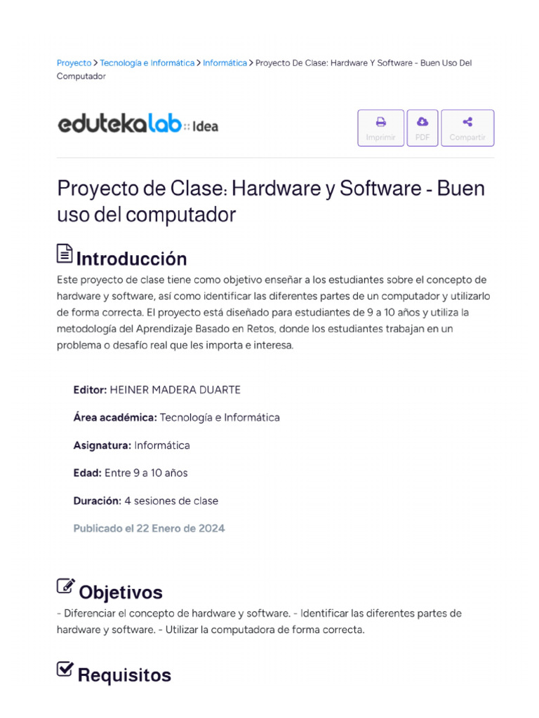 Proyecto de Clase - Hardware Y Software - Buen Uso Del Computador | PDF