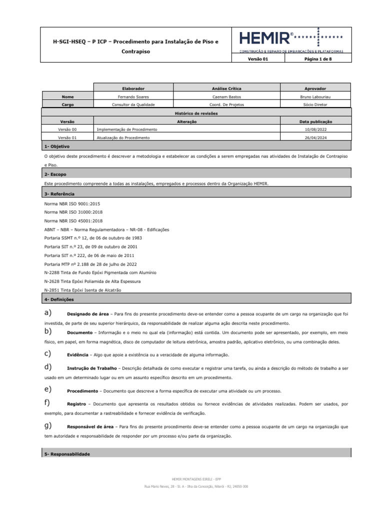 H-SGI - HSEQ - P IPeCP - PROCEDIMENTO DE INSTALAÇÃO DE PISO E ...