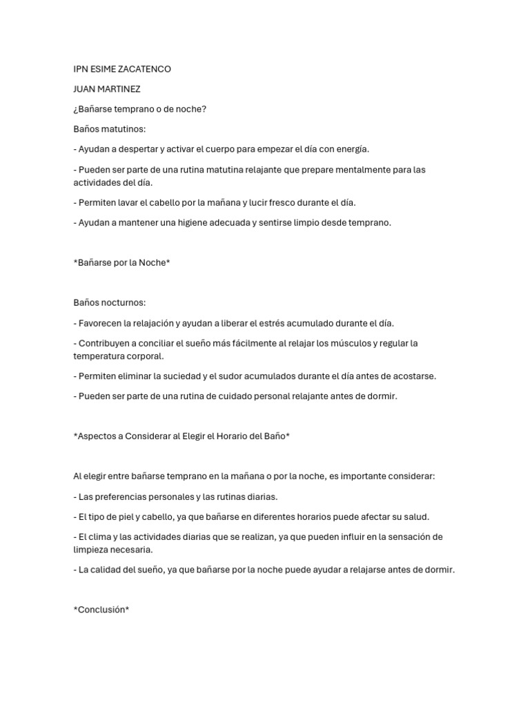Bañarse: ¿Mañana o Noche? Pros y Contras | PDF | Salud y bienestar
