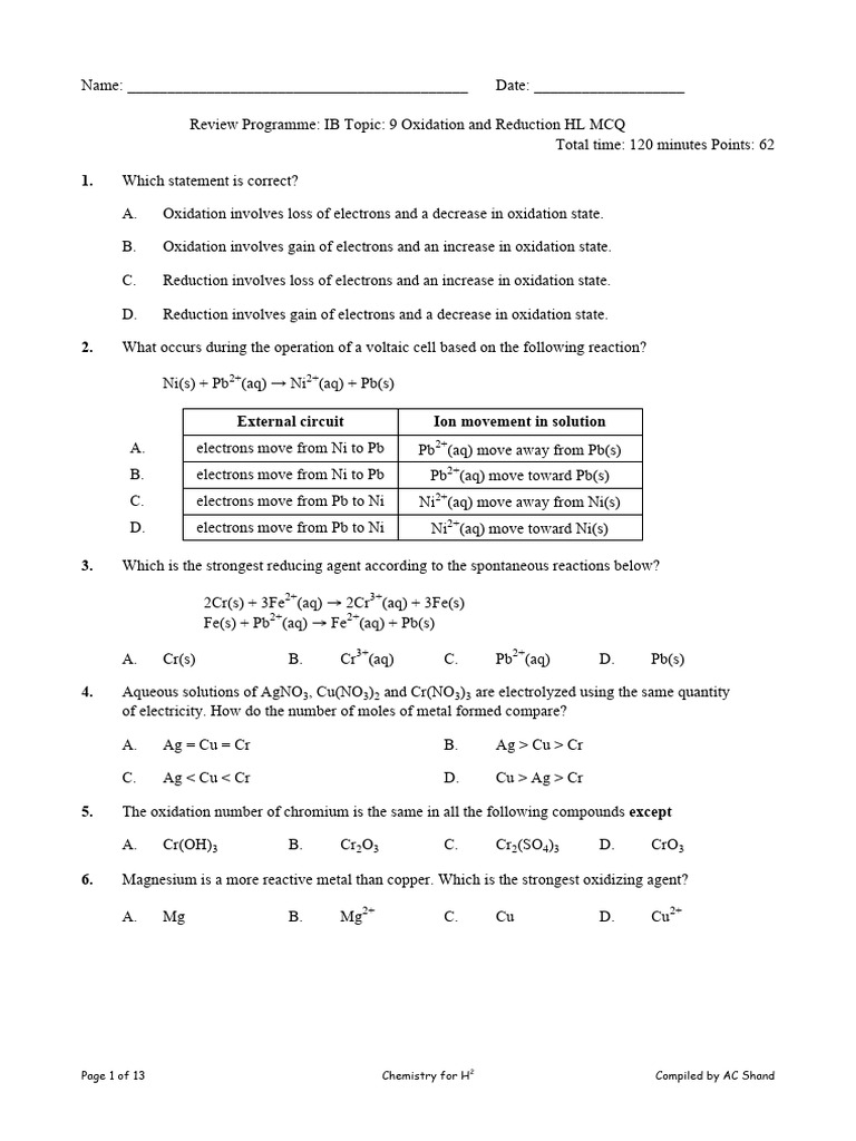 Topic 9 Oxi and Red HL MCQ.pdf | PDF | Redox | Anode