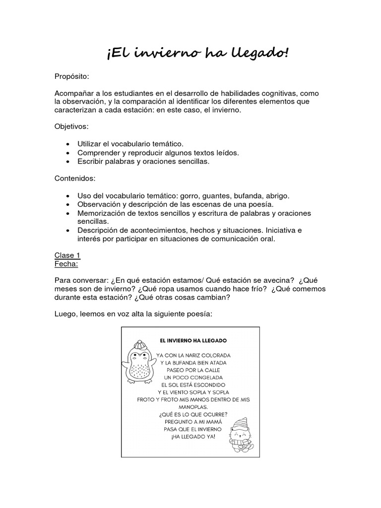 El Invierno Ha Llegado - Primer Ciclo | PDF | Cognición