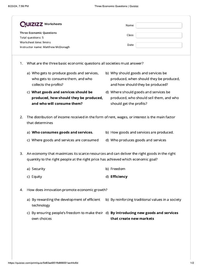 Three Economic Questions _ Quizizz | Download Free PDF | Goods | Profit ...