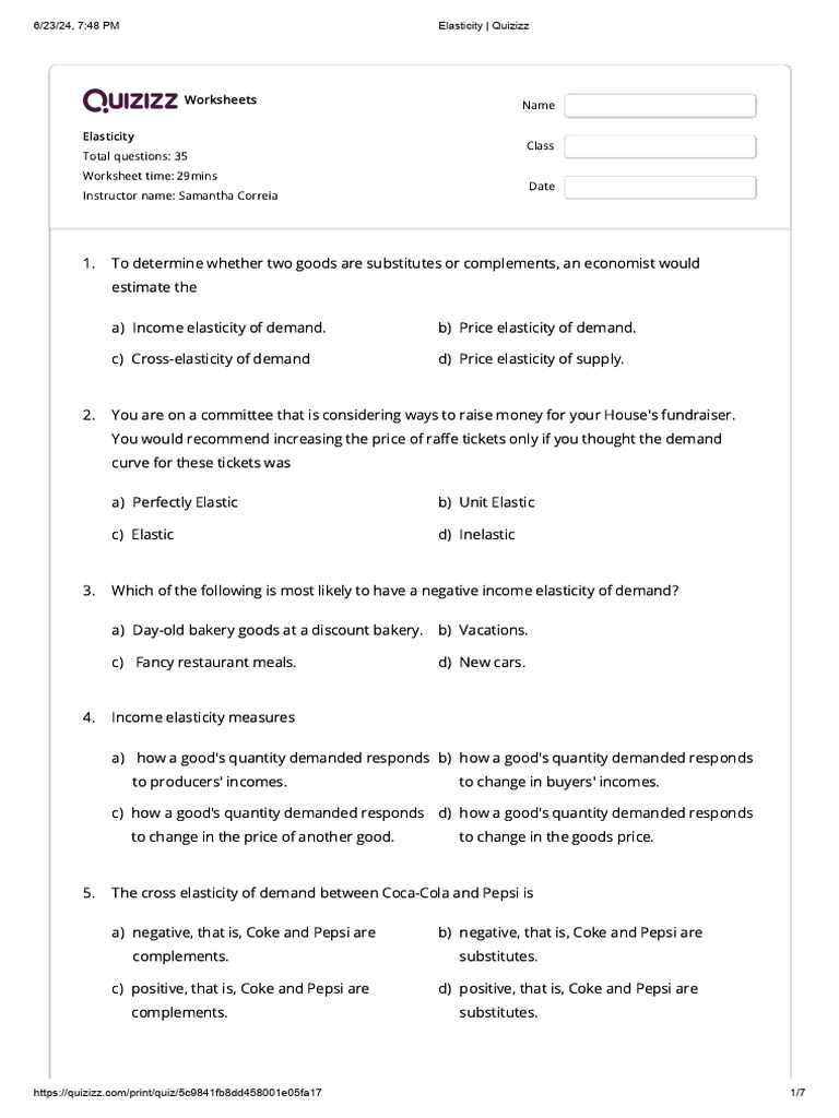 Elasticity - Quizizz | PDF | Elasticity (Economics) | Demand