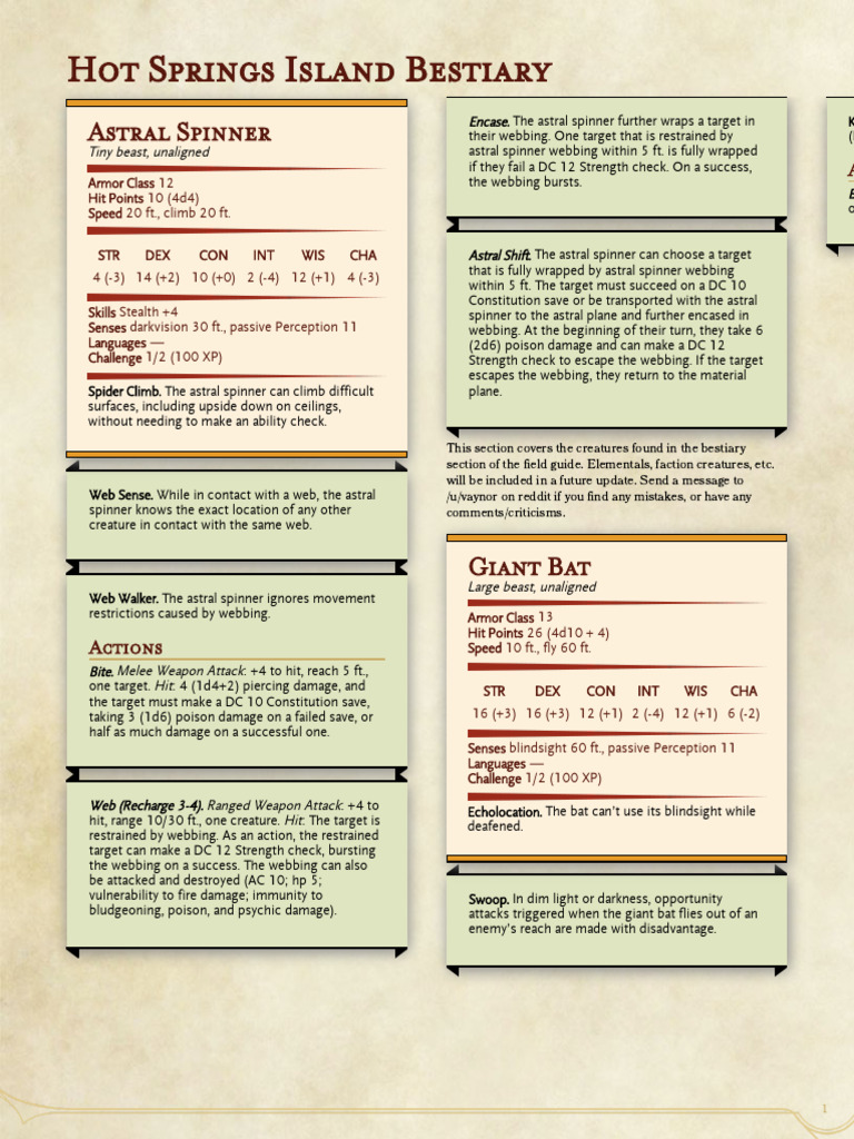 Hot Springs Island Bestiary Guide | PDF