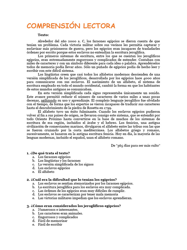 COMPRENSIÓN LECTORA | PDF | Escritura | Jeroglíficos egipcios