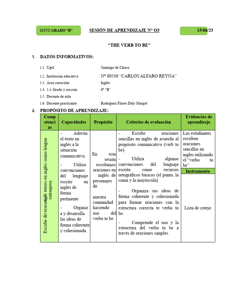 Sesión de Aprendizaje - Verb To Be - 6a | PDF | Aprendizaje