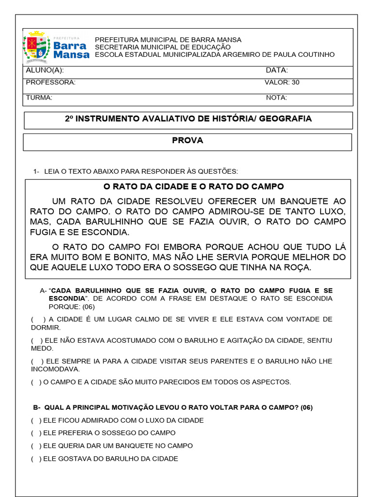 Prova de Geografia Historia 3 Ano | PDF