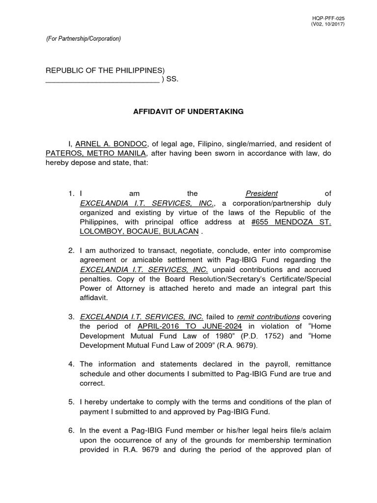 EXCELANDIA AffidavitUndertakingPartnershipCorporation V02 | PDF ...