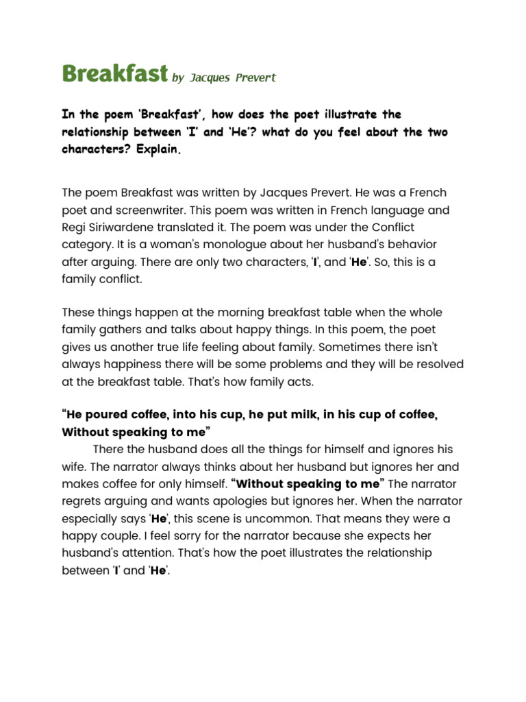 Breakfast by Jacques Prevert | PDF | Narration | Poetry