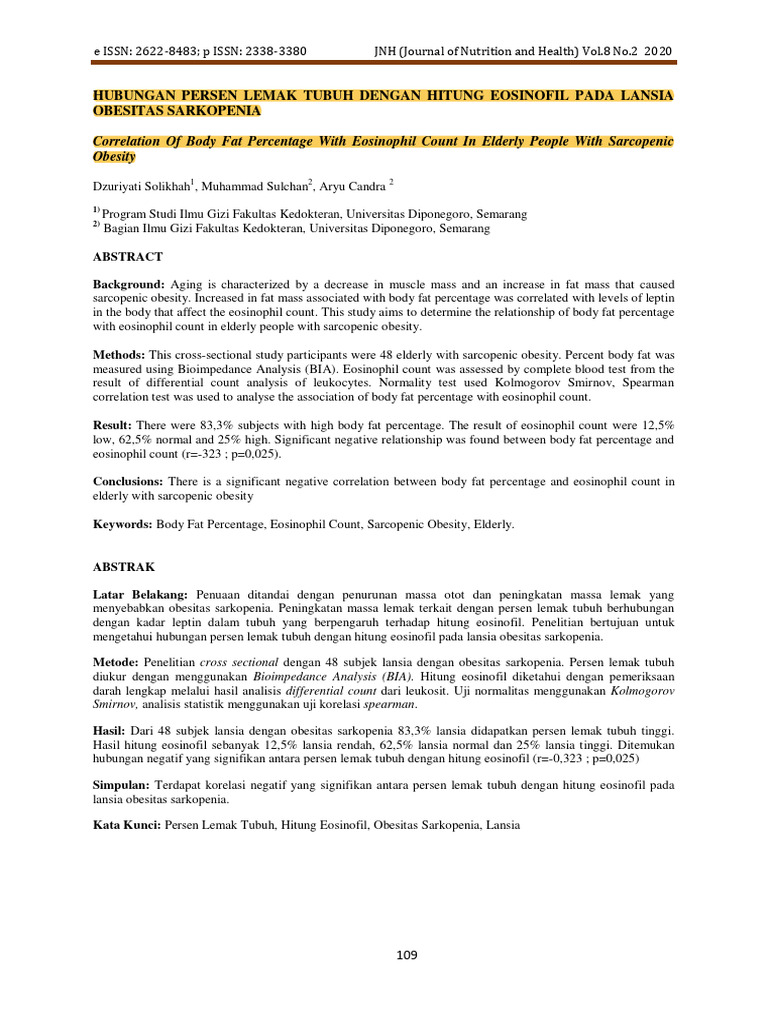 Hubungan Persen Lemak Tubuh Dengan Hitung Eosinofil Pada Lansia Obesitas Sarkopenia | PDF