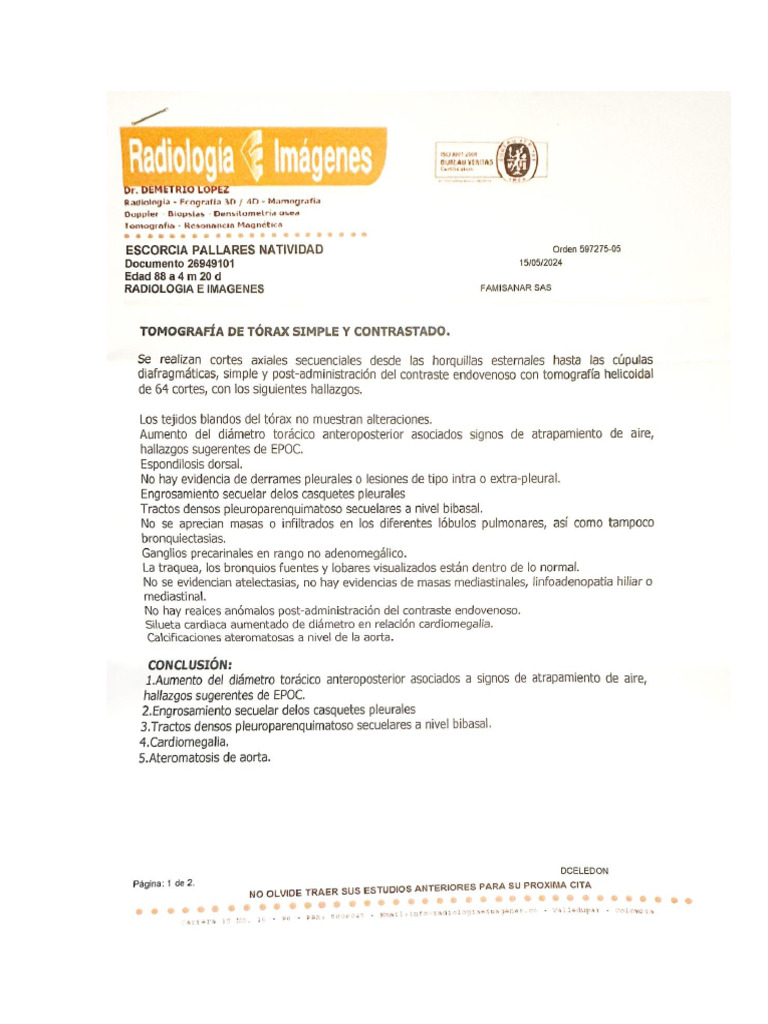 Tomografia de Torax Simple y Contrastado | PDF