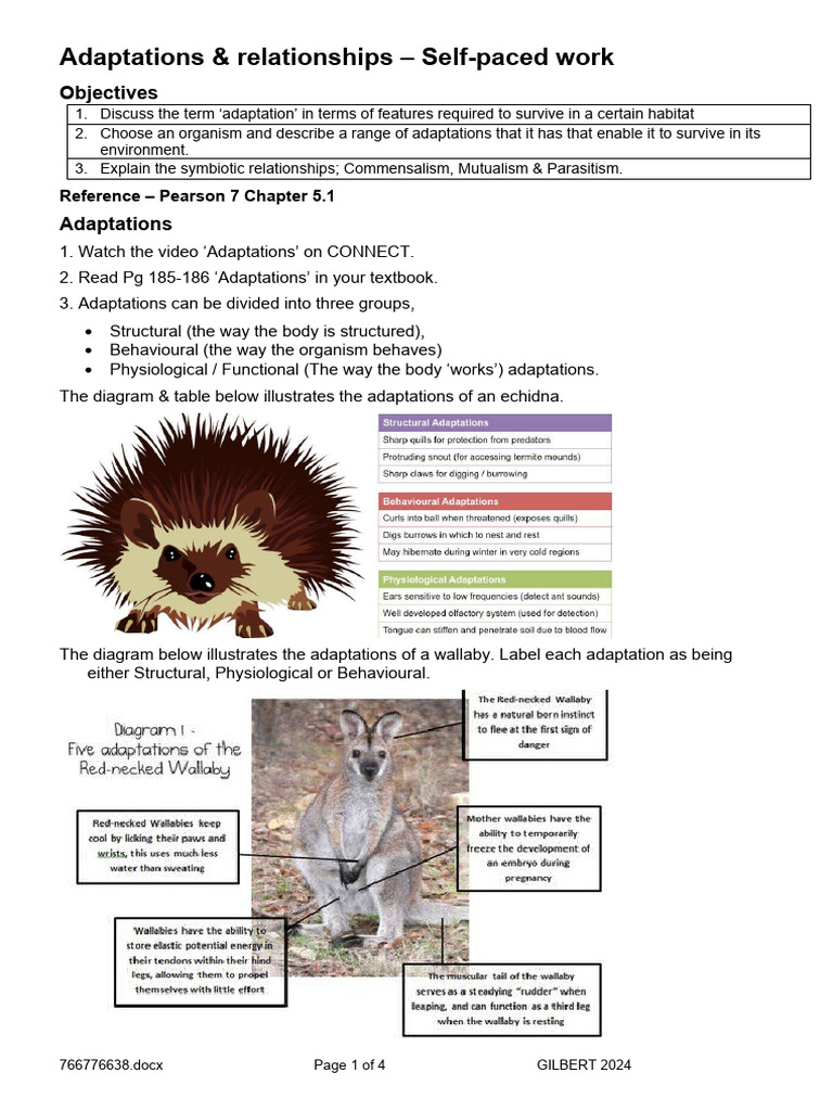 Adaptations & Relationships - Self-Paced Work: Objectives | PDF ...