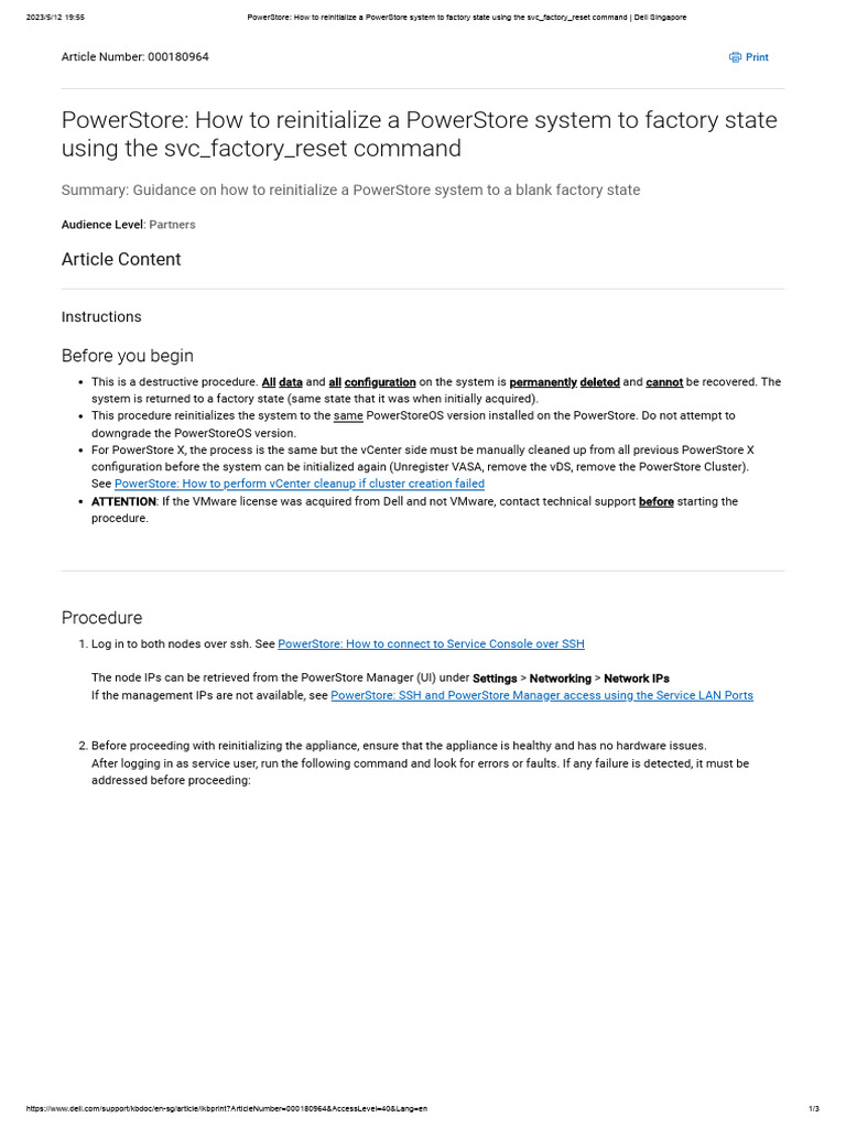 PowerStore - How To Reinitialize A PowerStore System To Factory State Using The SVC - Factory ...