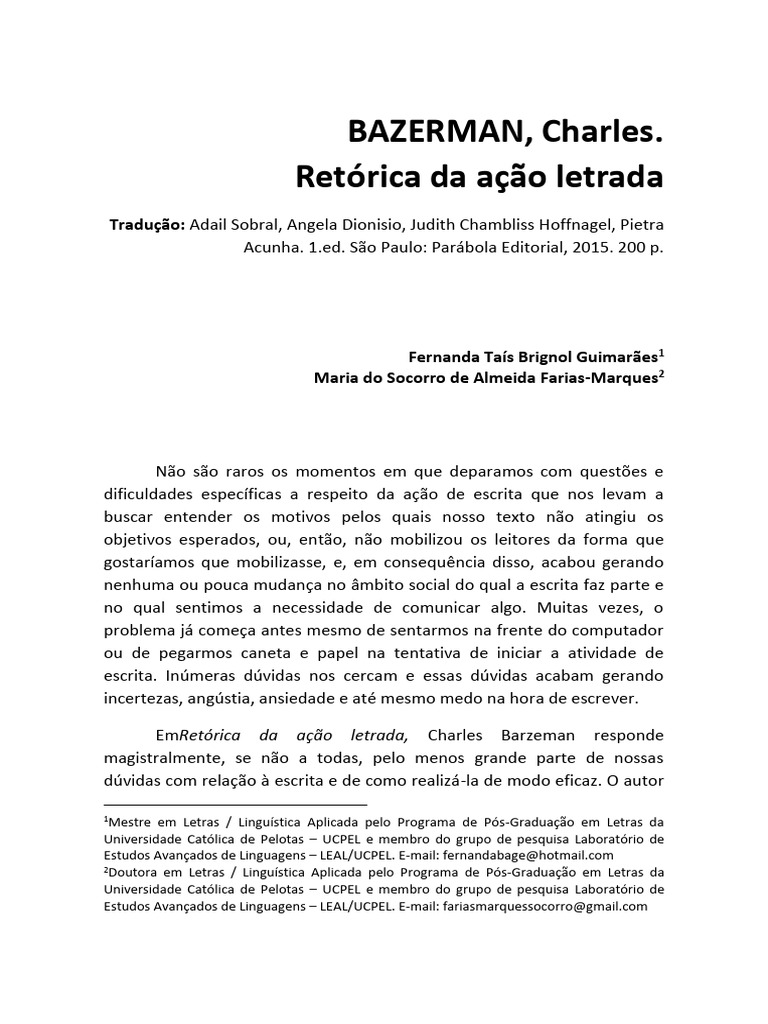 Retórica da Escrita: Análise de Bazerman | PDF | Gênero | Estudos de Gênero