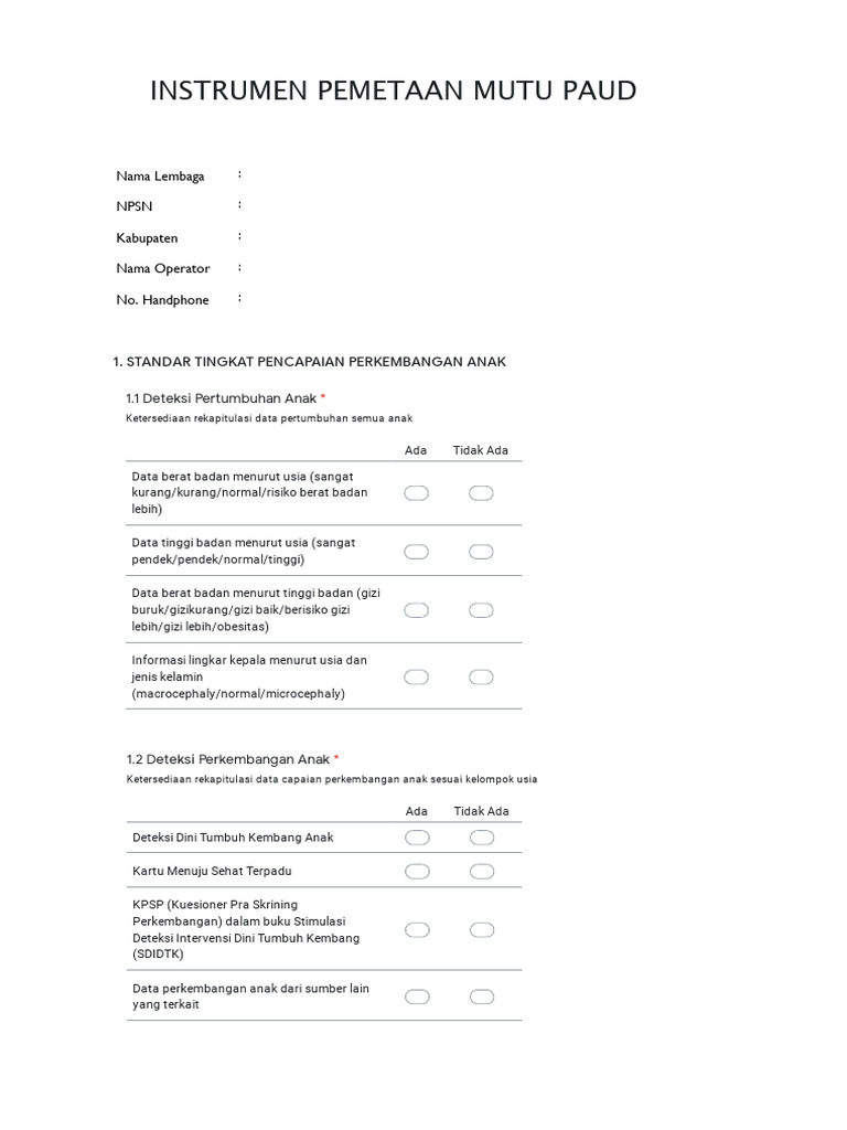 Instrumen Pemetaan Mutu PAUD 2021 (Isian) | PDF