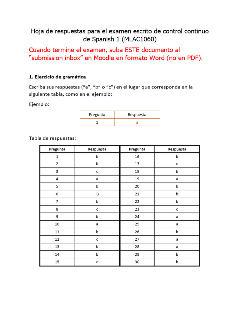 Examen Spanish 1 - Hoja de Respuestas | PDF