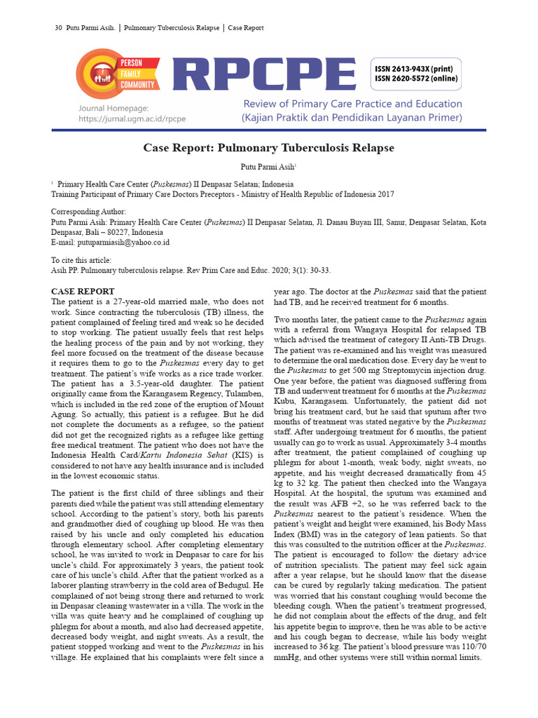 Case Report - Pulmonary Tuberculosis Relapse | Download Free PDF | Tuberculosis | Malnutrition