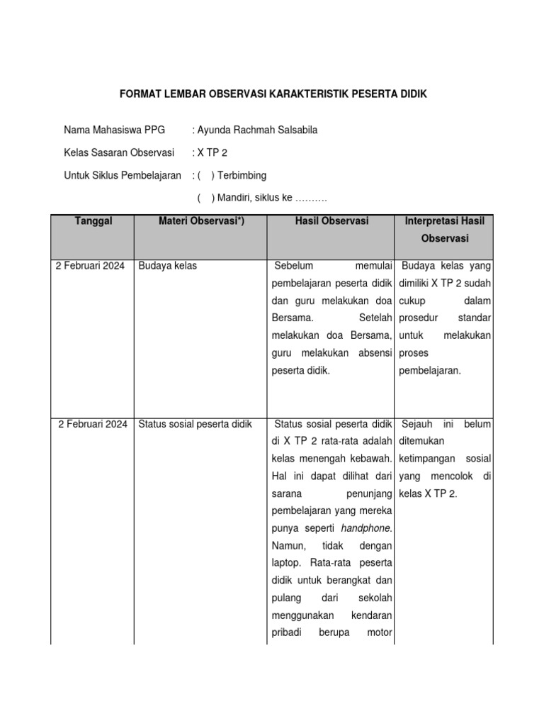 Format Lembar Observasi Karakteristik Peserta Didik | PDF