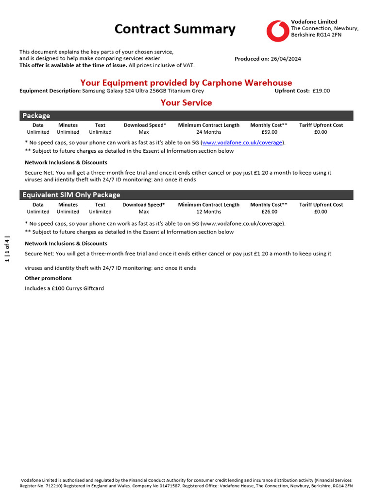 Vodafone Contract Summary and Information - 240513 - 200547 | PDF | Roaming | Consumer Price Index