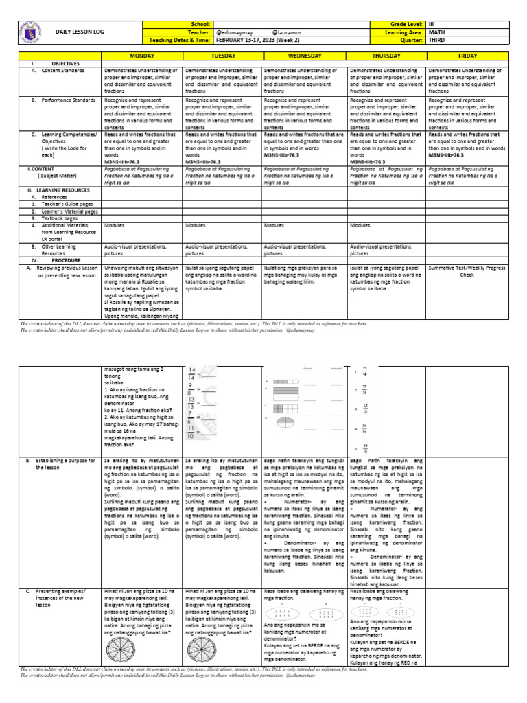 DLL - MATH 3 - Q3 - WEEK 2 Reads and Writes Fractions That Are Equal To ...