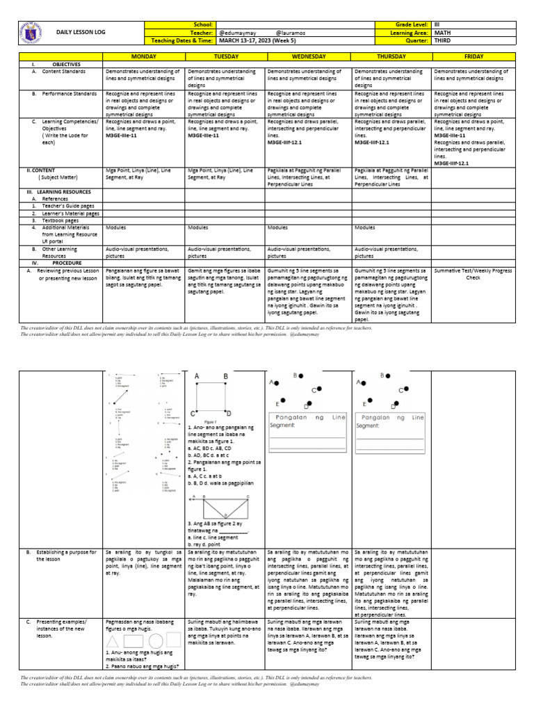 DLL - MATH 3 - Q3 - WEEK 5 Recognizes and Draws A Point Line Line ...