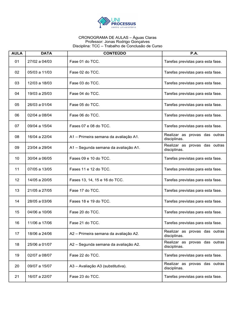 Cronograma de aulas TCC 2023.1 | PDF