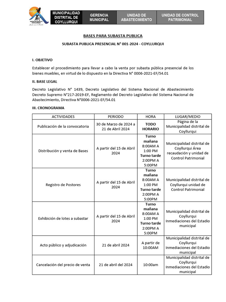 Bases para La Subasta Publica #001 - 2024 | PDF | Subasta | Mercados financieros