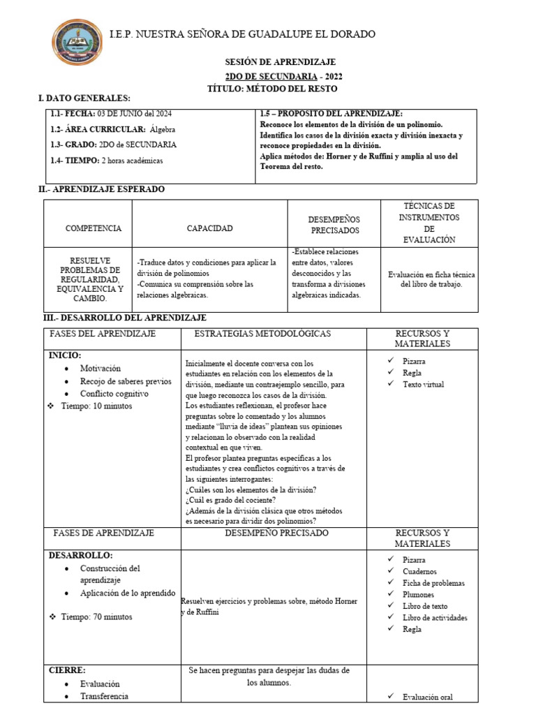 Sesion de Clase 2do de Sec. Álgebra Divisiones Algebraicas | PDF | Evaluación | Aprendizaje