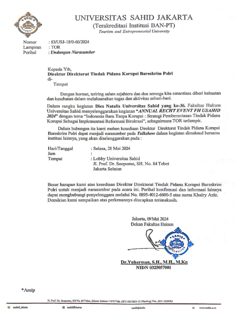 Surat Undangan Dan ToR Dirtipidkor Polri | PDF