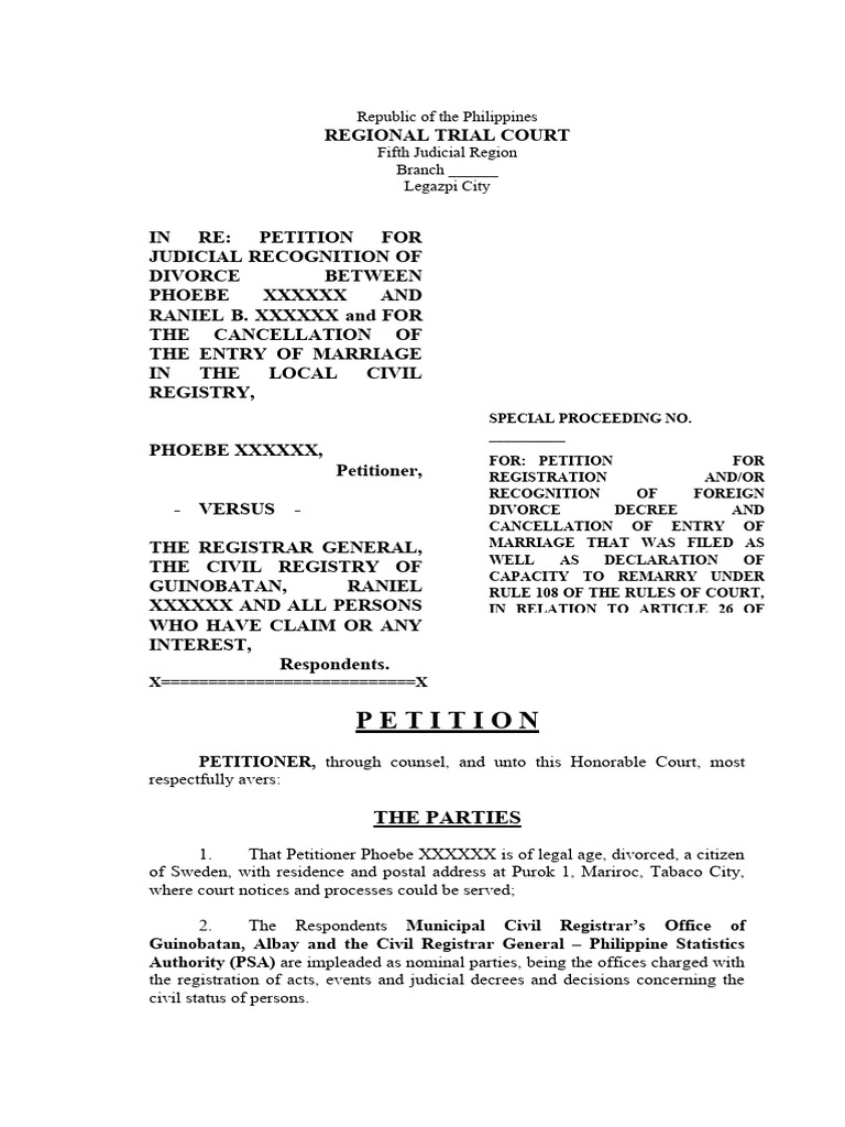 PETITION FOR JUDICIAL RECOGNITION OF DIVORCE (Sample) | PDF | Divorce ...