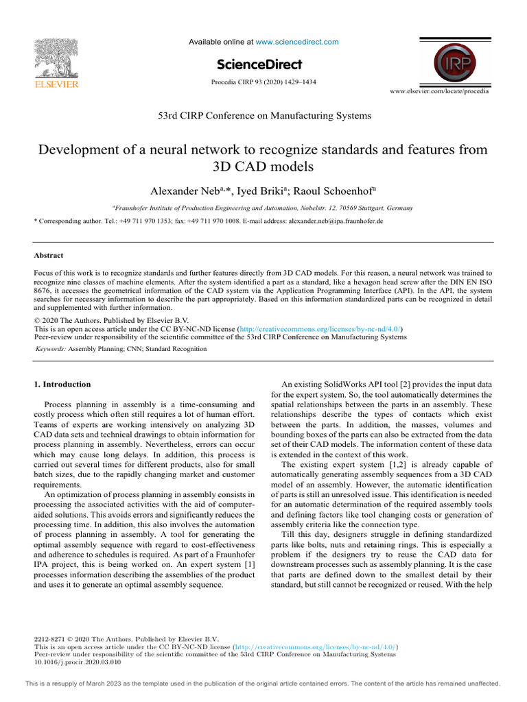 Development of a Neural Network to Recognize Standards and Features From 3D CAD Models - 1-s2.0 ...