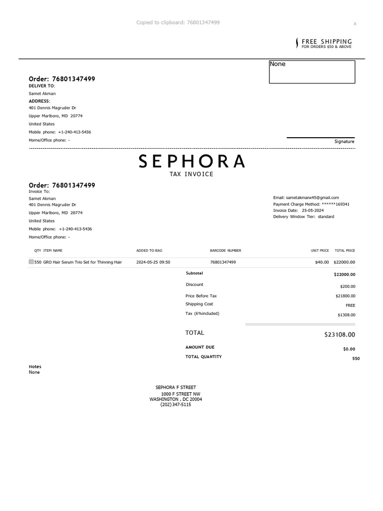 76801347499-Tax Invoice Sephora Vegamour | PDF | Invoice