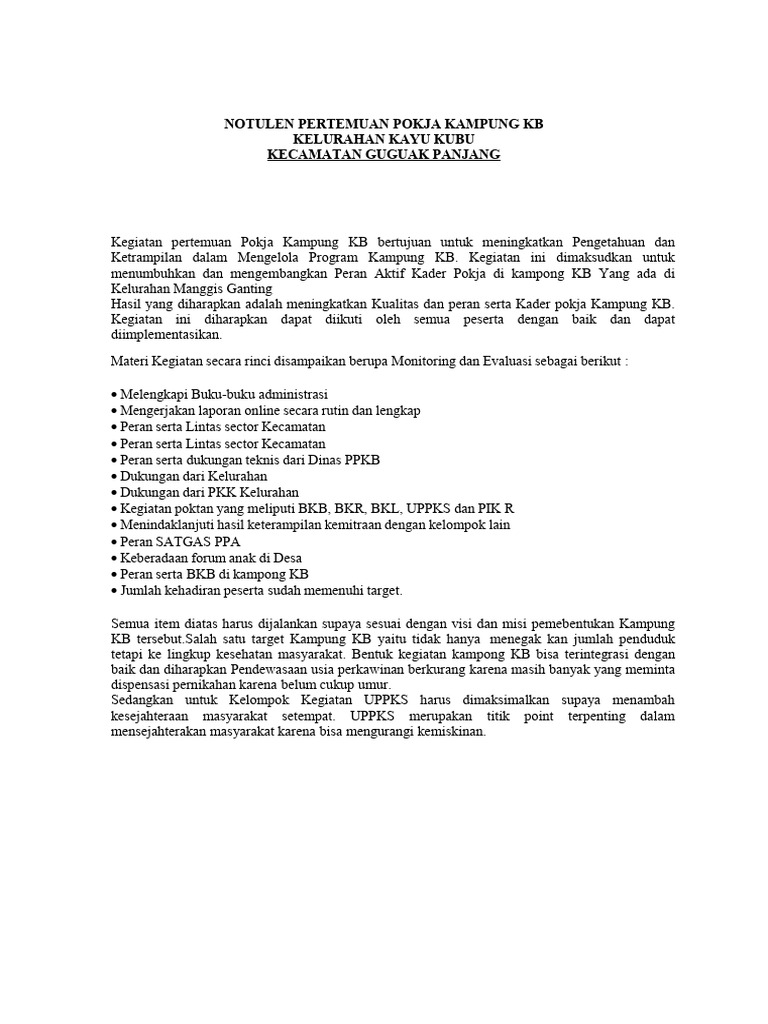 Notulen Pertemuan Pokja Kampung KB 23 | PDF | Ilmu Sosial