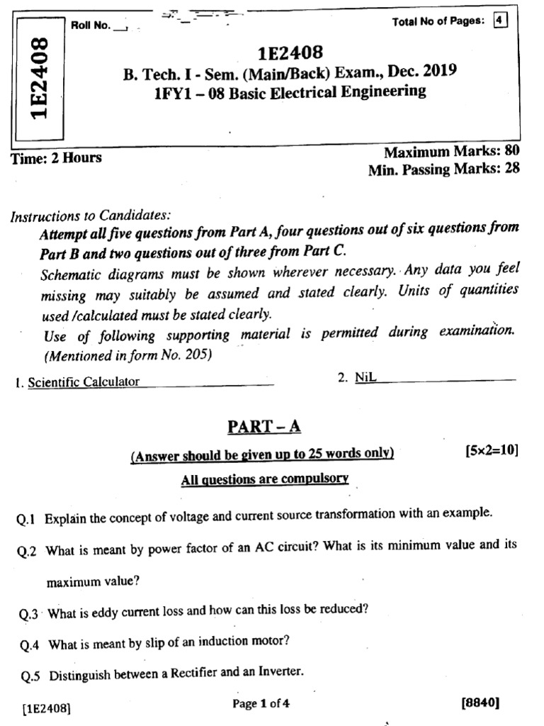 Btech 1 Sem Basic Electrical Engineering 1e2408 Dec 2019 | PDF