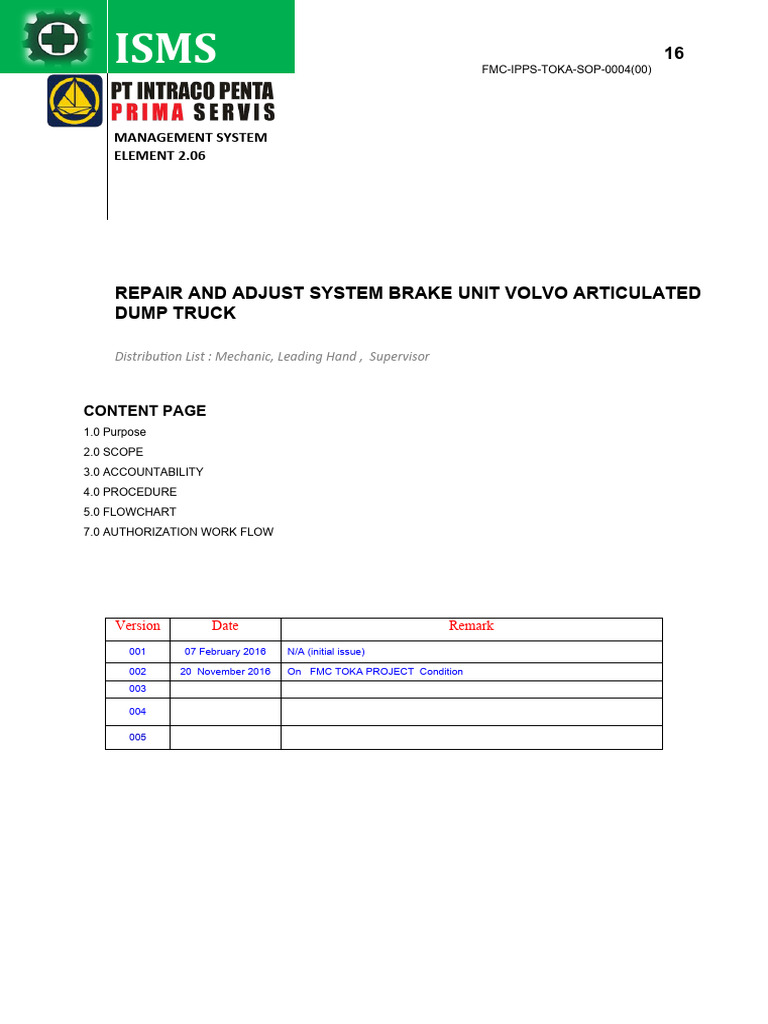 FMC-IPPS-TOKA-SOP-0004 (00) - Repair and Adjust Brake System Unit Volvo ...