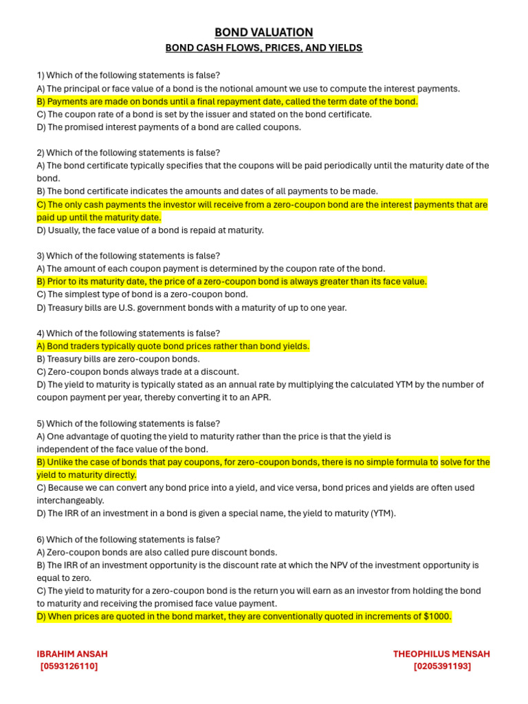 COMPILED BOND & STOCK EVALUATION QUESTIONS | PDF | Bonds (Finance) | Yield (Finance)