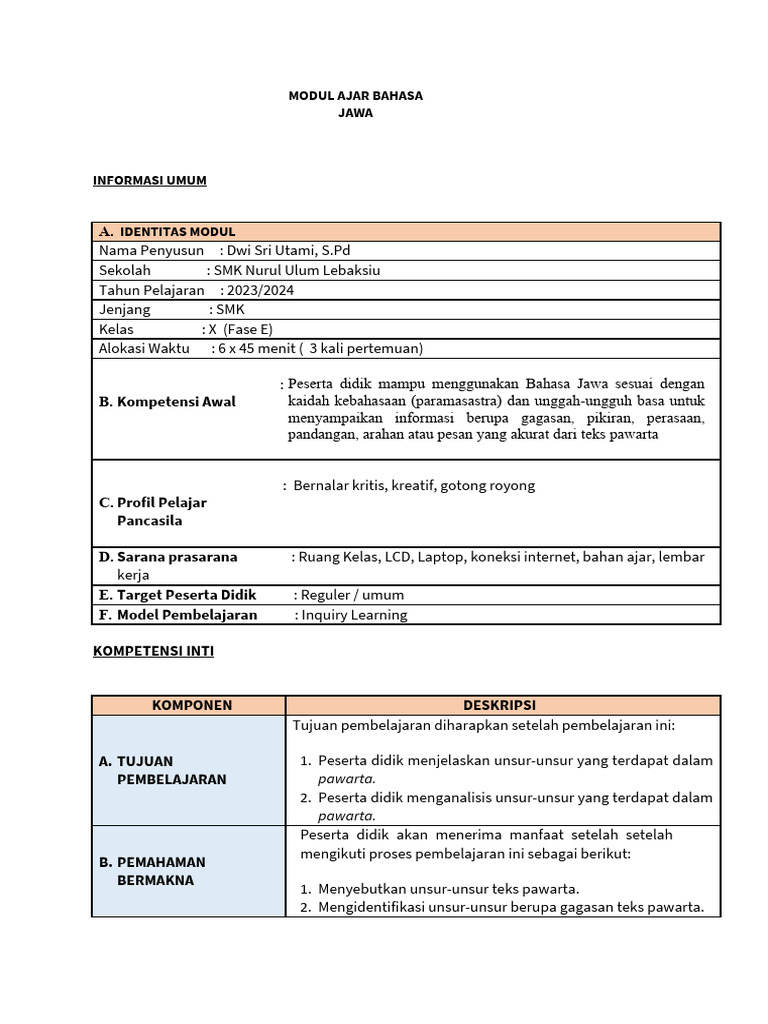 Unsur Teks Pawarta dalam Bahasa Jawa | PDF