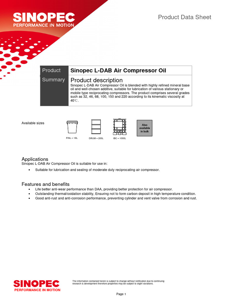 L-DAB Air Compressor Oil - Data Sheet | Download Free PDF | Viscosity | Corrosion