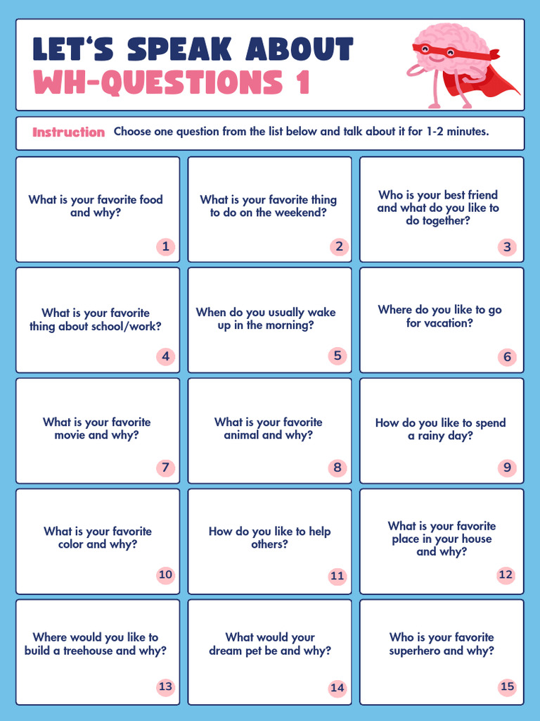WH Questions Elementary Speaking Questions Worksheet Blue in Cute Style ...