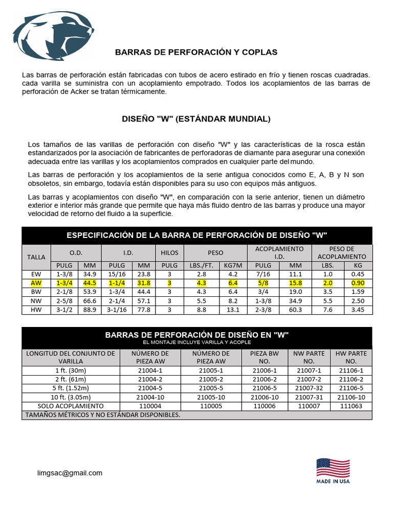 BARRAS DE PERFORACIÓN Y ACOPLAMIENTOS (AW DRILL ROD) | PDF BARRAS DE PERFORACIÓN Y ACOPLAMIENTOS (AW DRILL ROD) | PDF