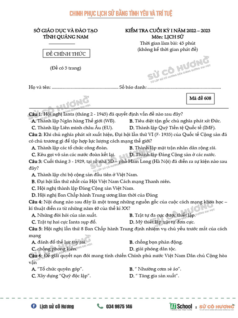 LỊCH SỬ CÔ HƯƠNG 2023 X ĐỀ THI THAM KHẢO - ĐỀ KIỂM TRA CUỐI KỲ I NĂM 2022 - 2023 TỈNH QUẢNG NAM ...