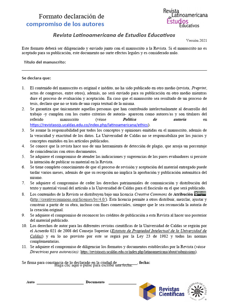 Formato DeclaracionCompromisoAutores RLEE Es2021 | PDF | Finanzas y ...