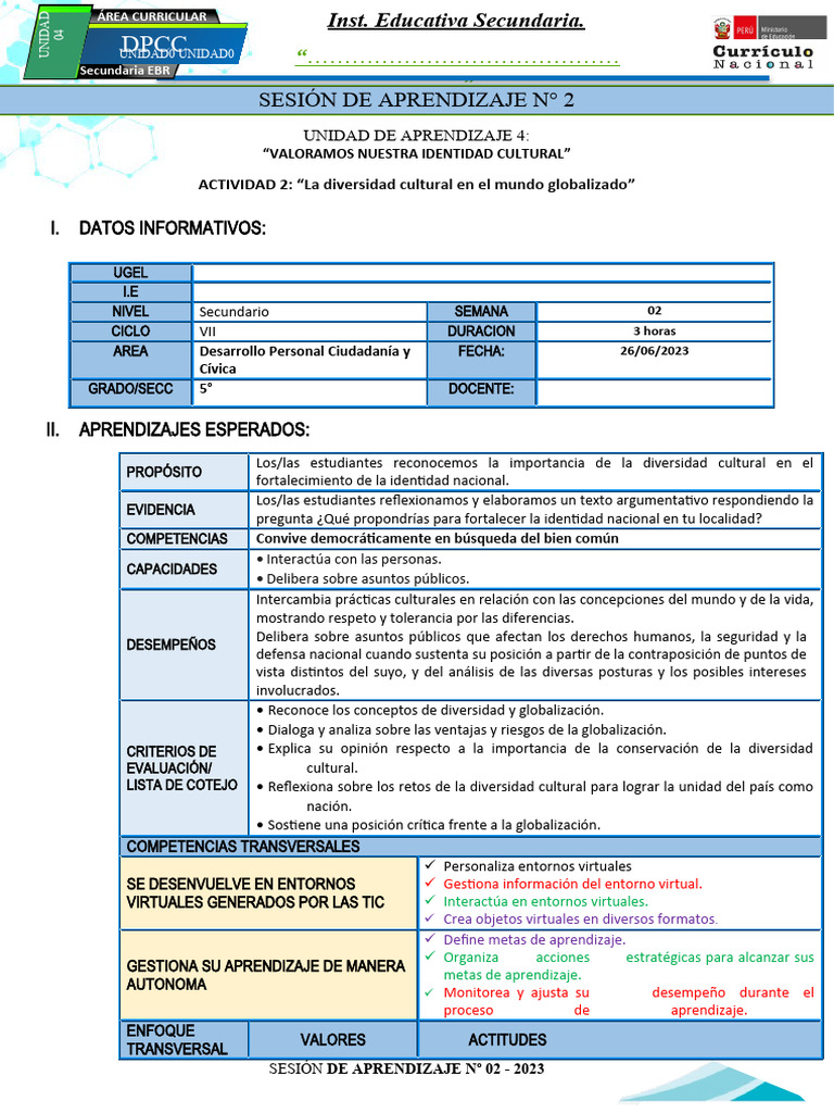 5º DPCC- SES 2 UNI 4 - SEM 02 | PDF | Aprendizaje | Maestros