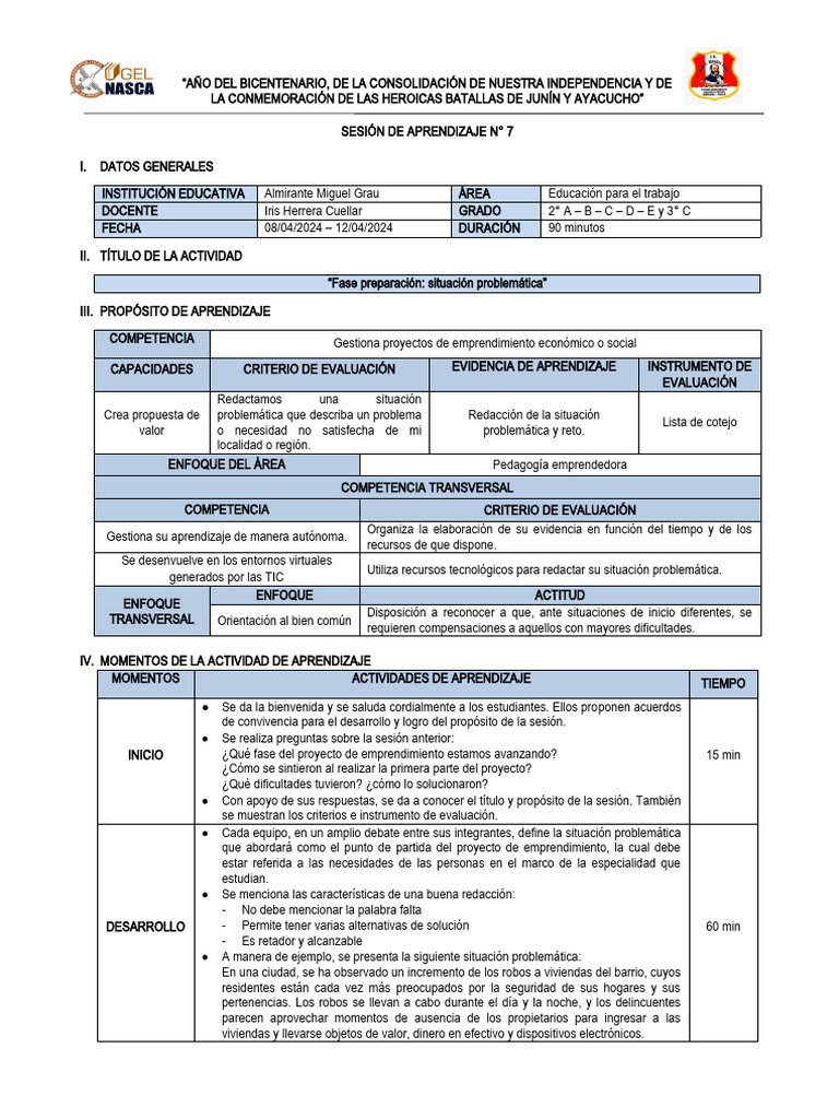 SESION DE APRENDIZAJE N° 7 SITUACIÓN PROBLEMÁTICA | PDF | Evaluación | Aprendizaje